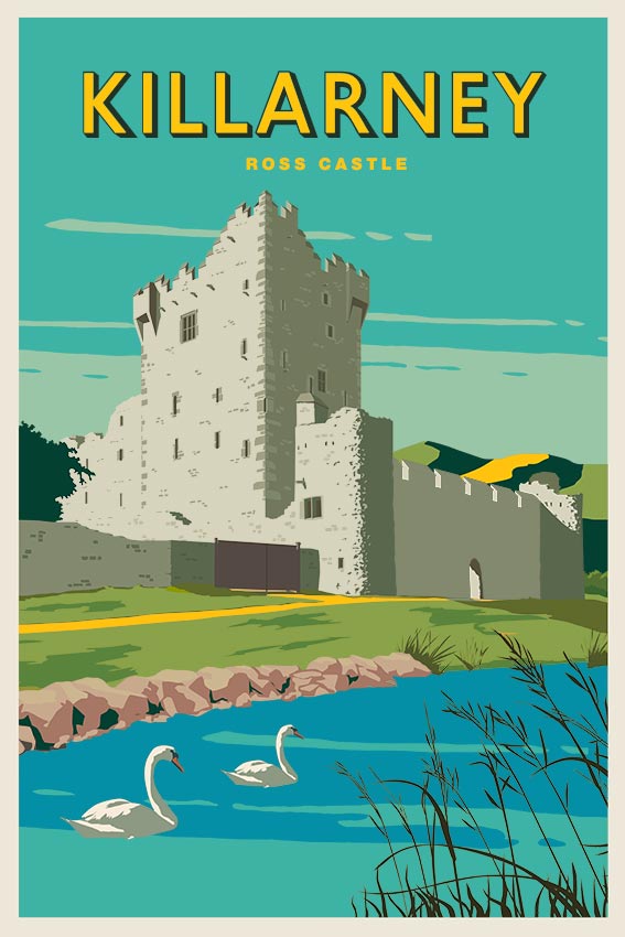 Killarney Ross Castle Retro Travel Poster of Ireland – The Canvas Works
